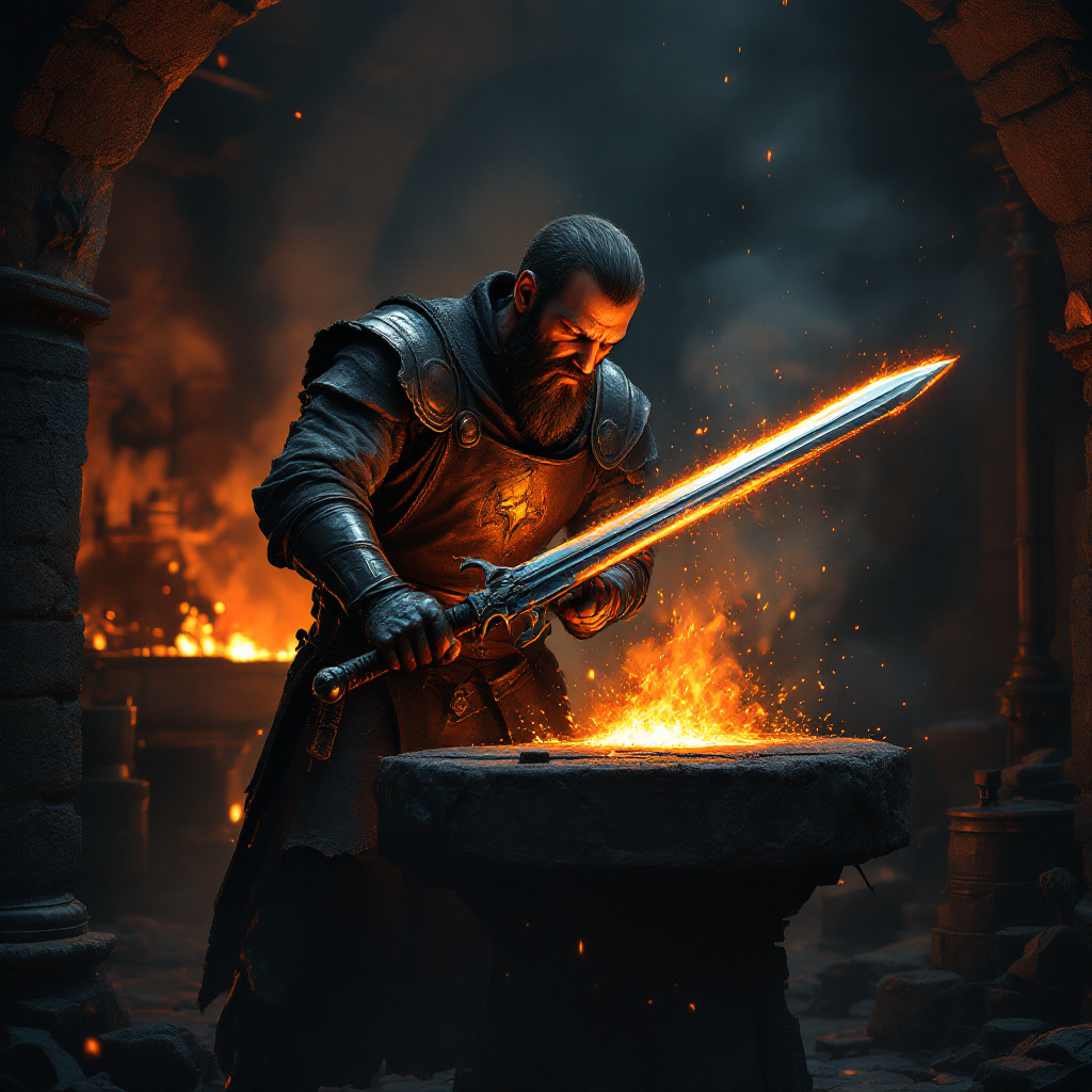 FLUX prompt: 1. 3D render of a medieval blacksmith forgin...