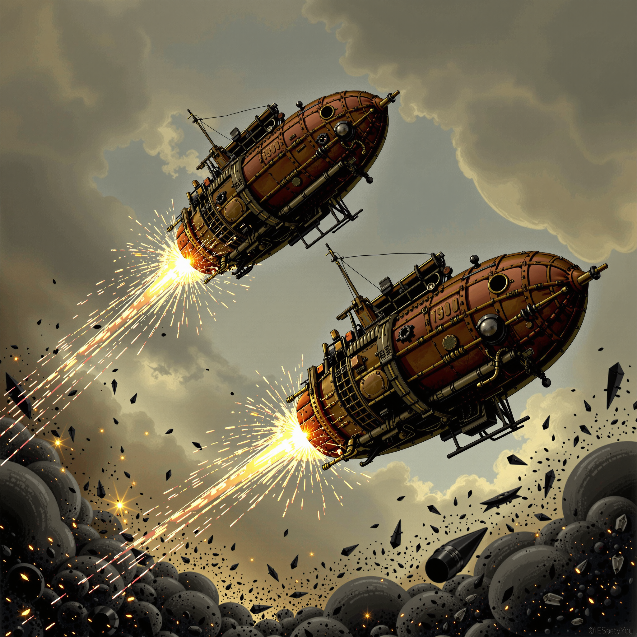 FLUX prompt: Two steampunk airships in symmetrical aerial...