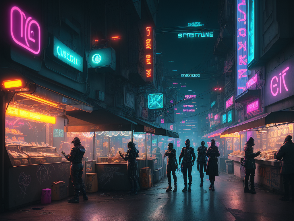DreamShaper prompt: cafe and street vendors in a cyberpun...