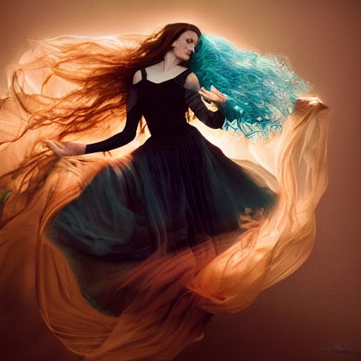 Stable Diffusion prompt: floating witch, abundant tangled...