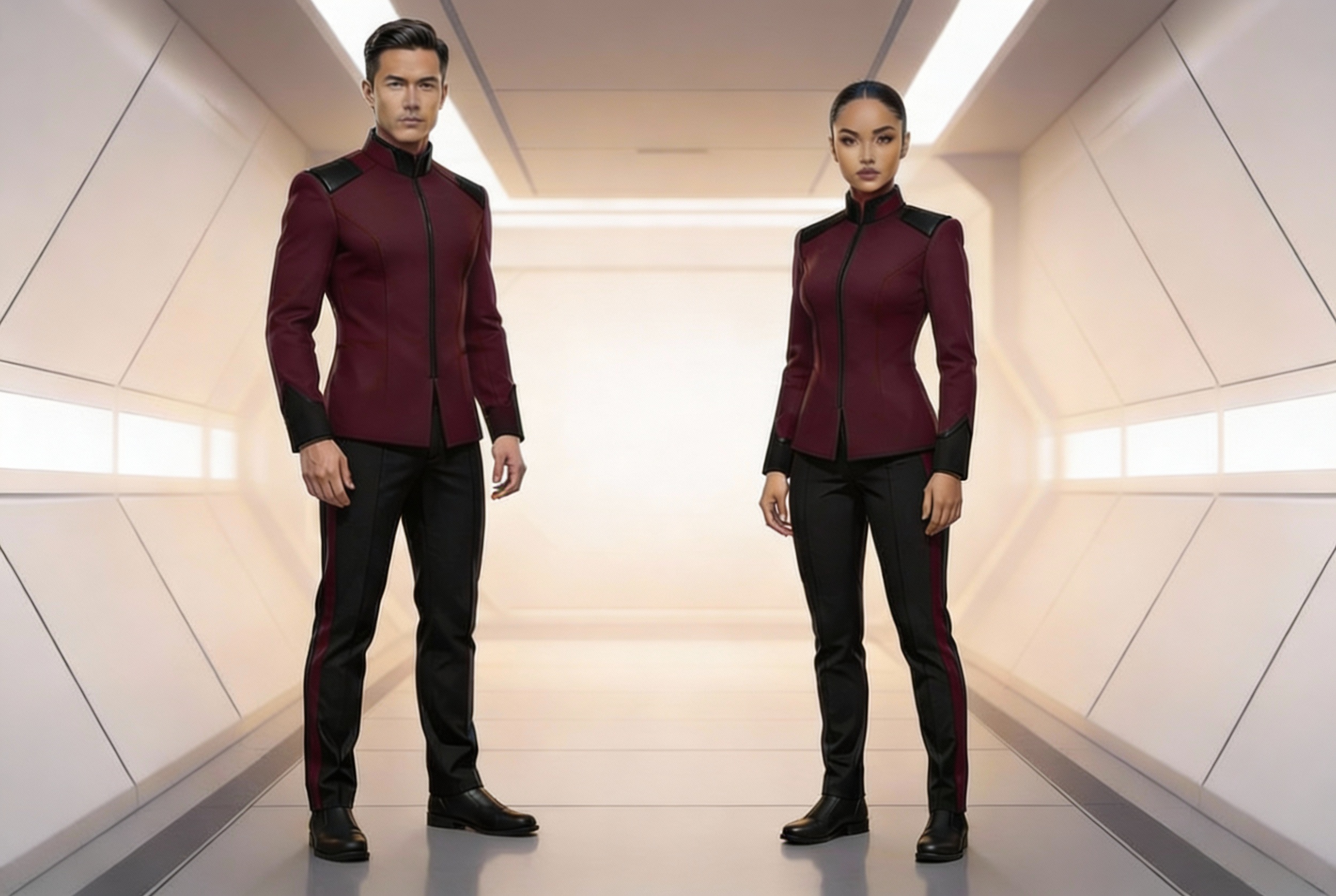 Seedream 4 prompt: Create matching Sci-Fi uniforms. Use t...