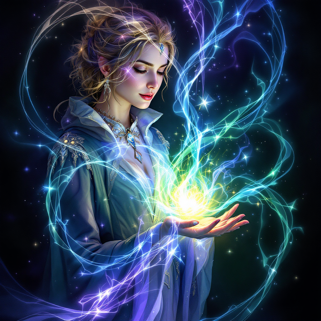 FLUX prompt: Fantasy where a sorceress' emotions are refl...