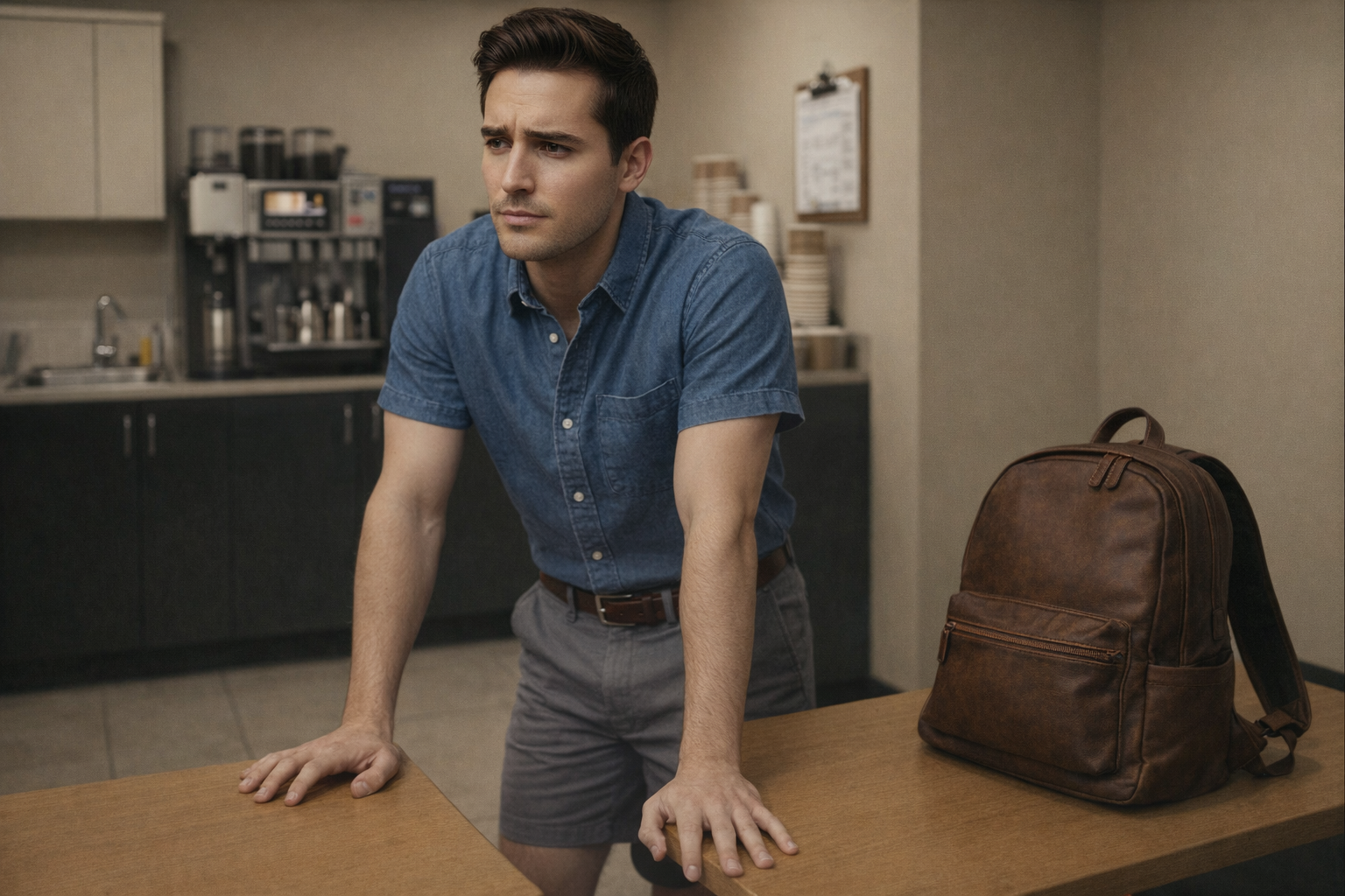 ChatGPT Image prompt: The model is at a employees coffee ...