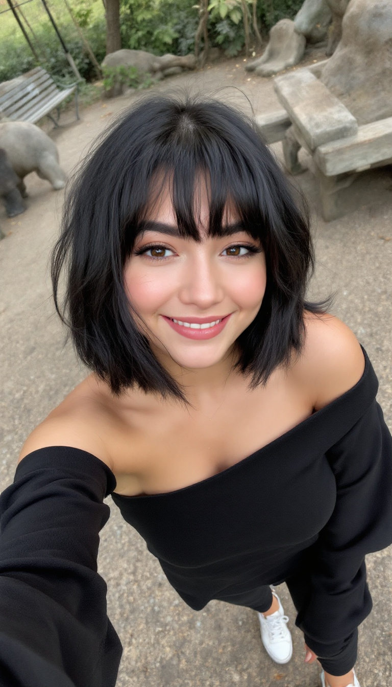 FLUX prompt: women taking a selfie ,thick eyebrows, short...