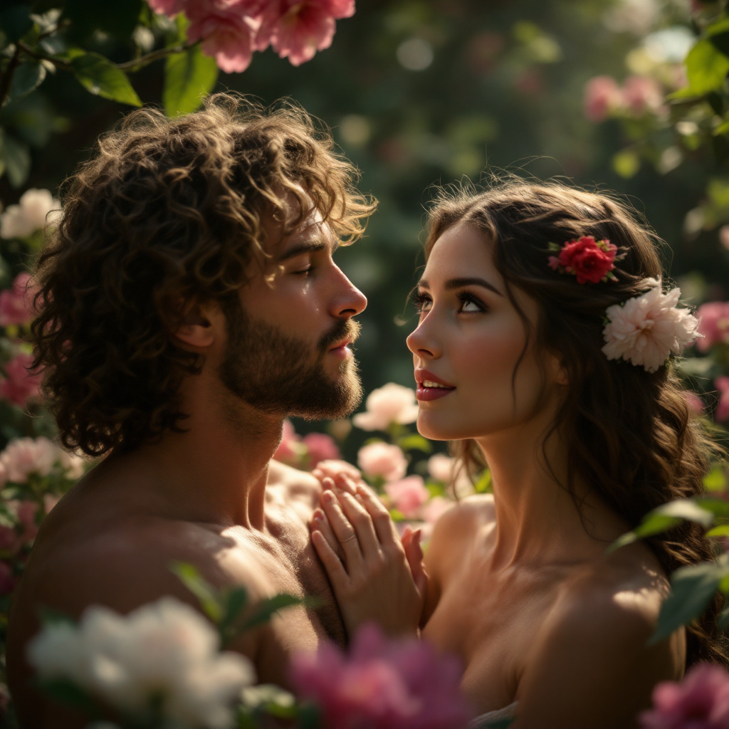 FLUX prompt: "Adam awakens and finds Eve. The camera focu...