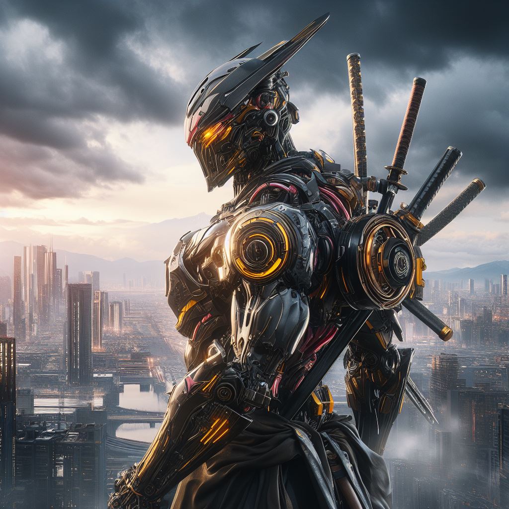 DALL·E prompt: Futuristic android robot Samurai, heavy da...