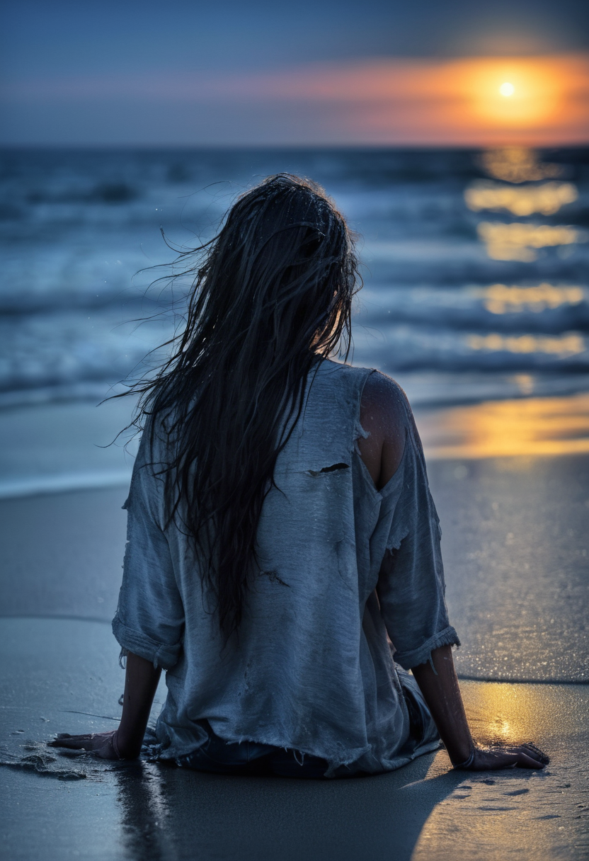 Stable Diffusion prompt: woman, stranded on a beach, torn...