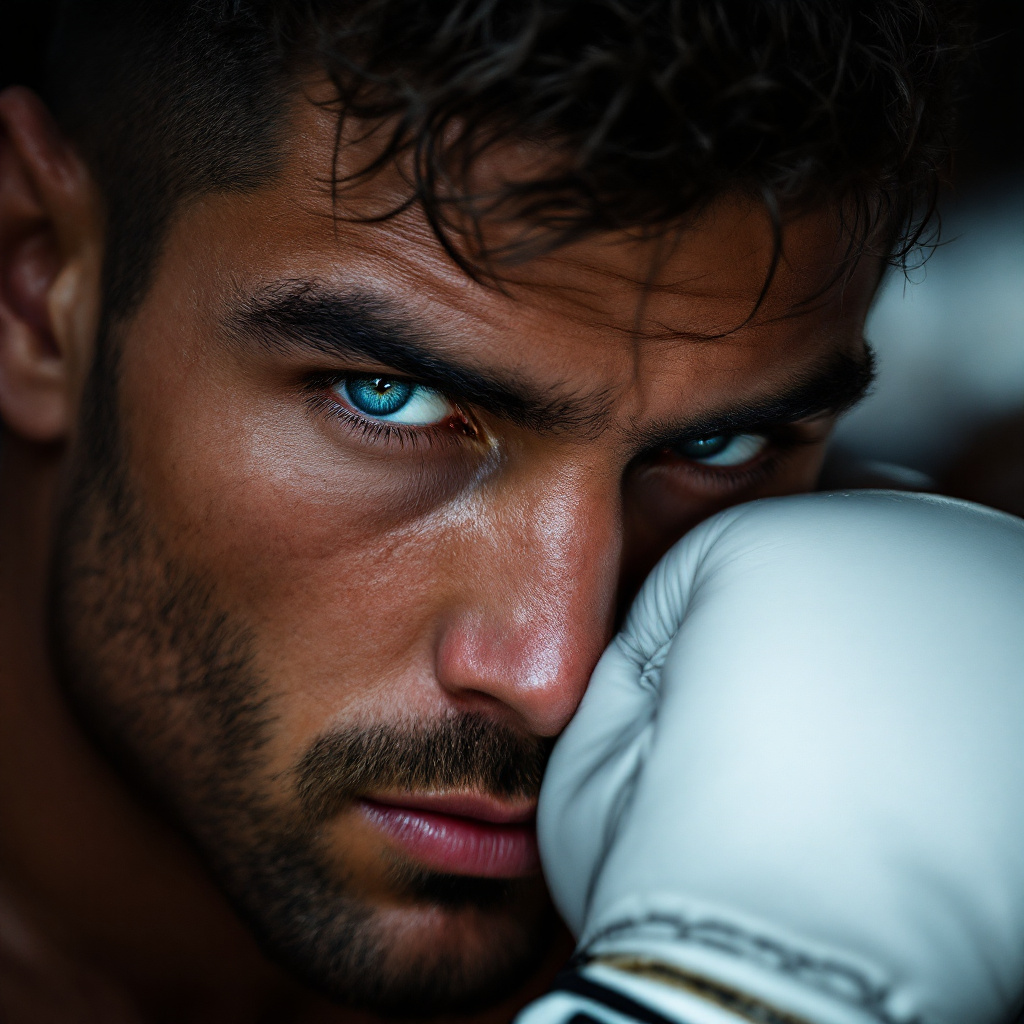 FLUX prompt: photograph, ring, male model boxer, blue eye...