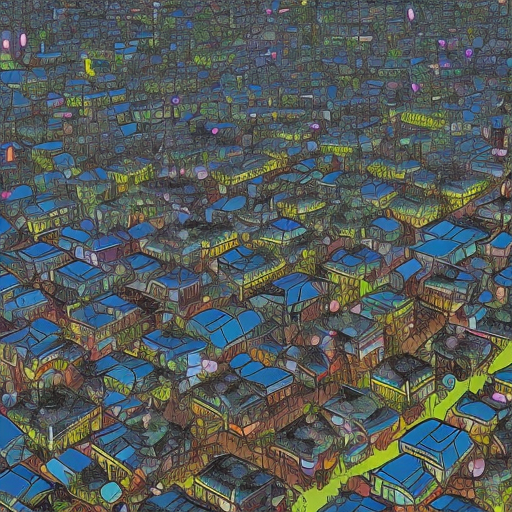Openjourney prompt: Cartoon style, view from above, night...