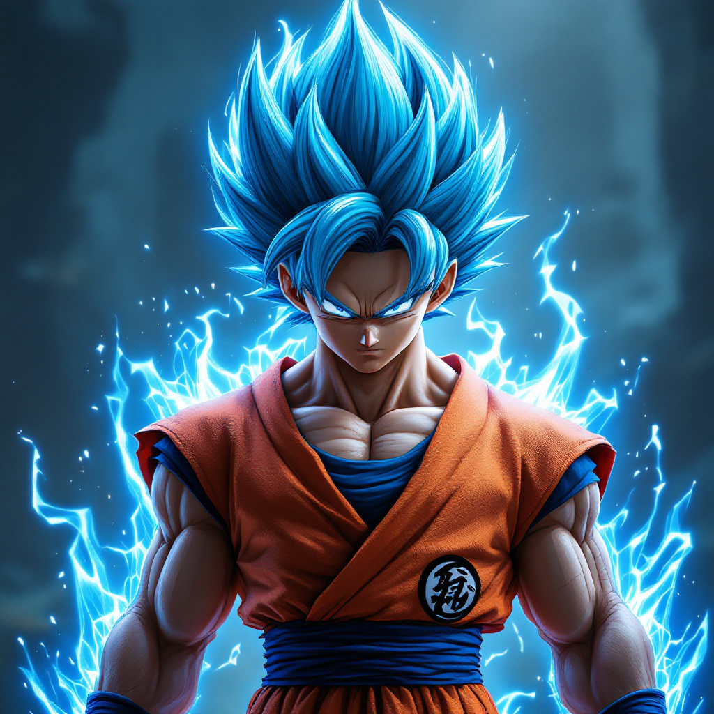 FLUX prompt: "Ultra-realistic Goku Super Saiyan Blue, hyp...