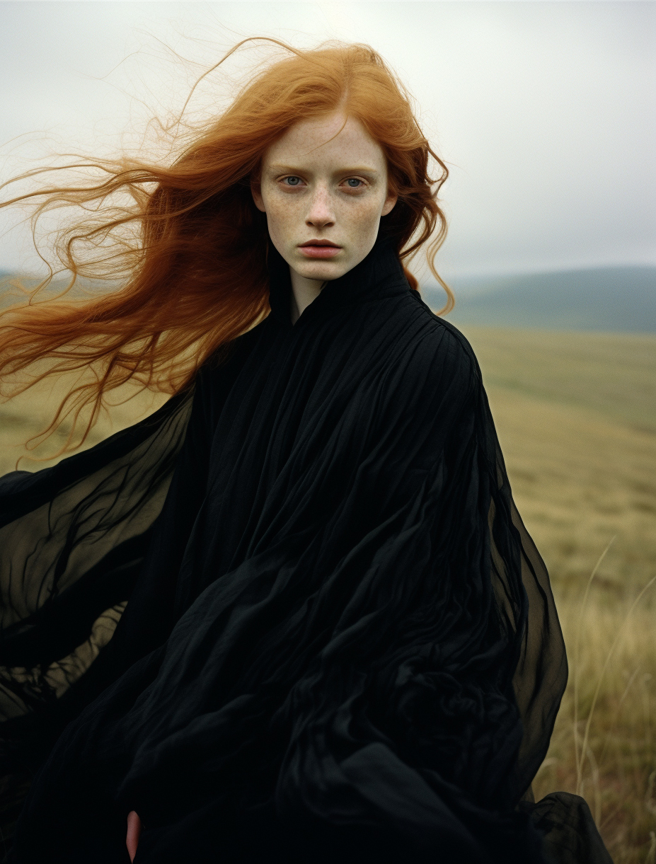 Midjourney prompt: a woman in a black dress standing in a...