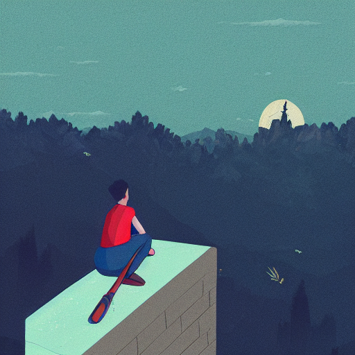 Stable Diffusion prompt: A boy sits on the edge of a clif...