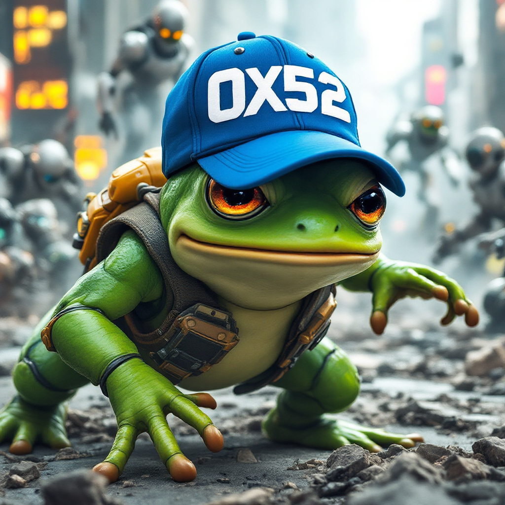 FLUX prompt: Green Frog Pepe meme character wearing a blu...
