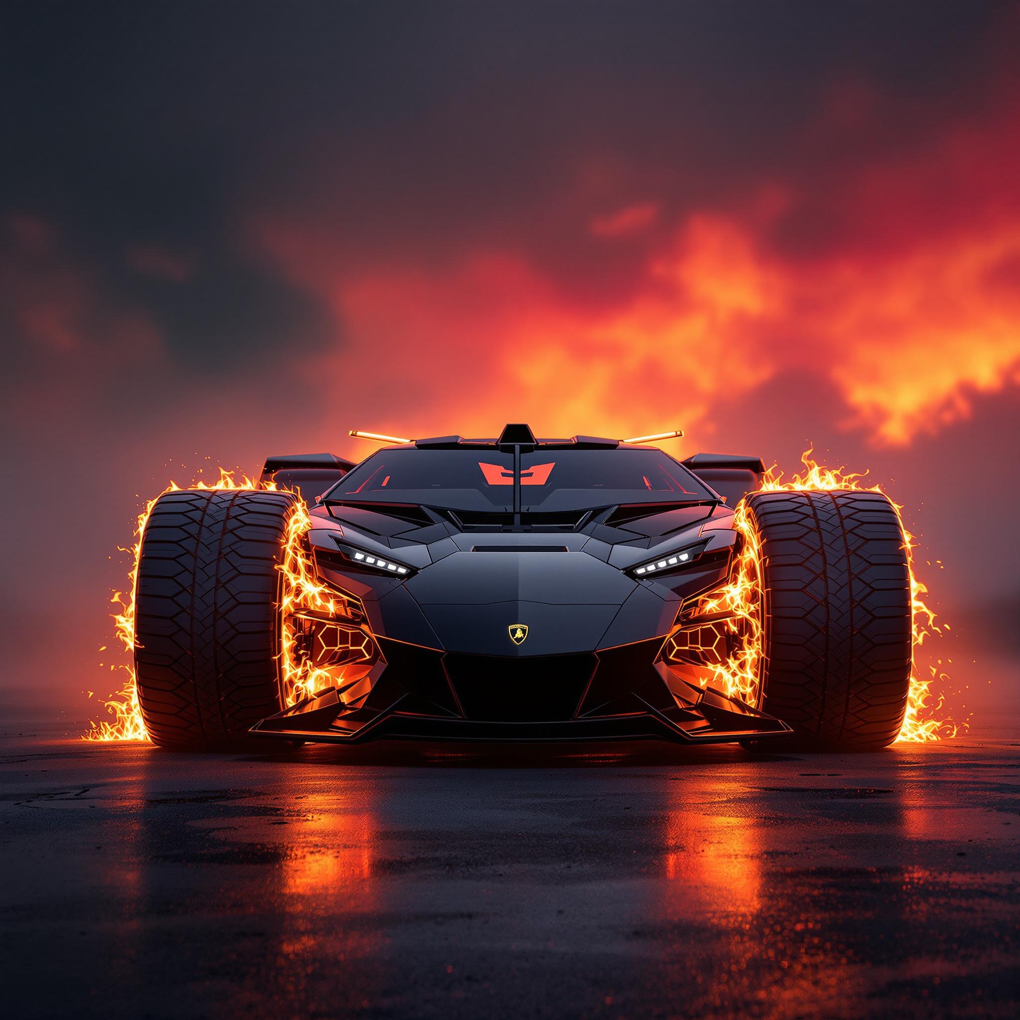FLUX prompt: front view of a shiny black futuristic lambo...
