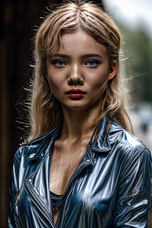 Deliberate prompt: (sks woman), wet, raining, under rain,...