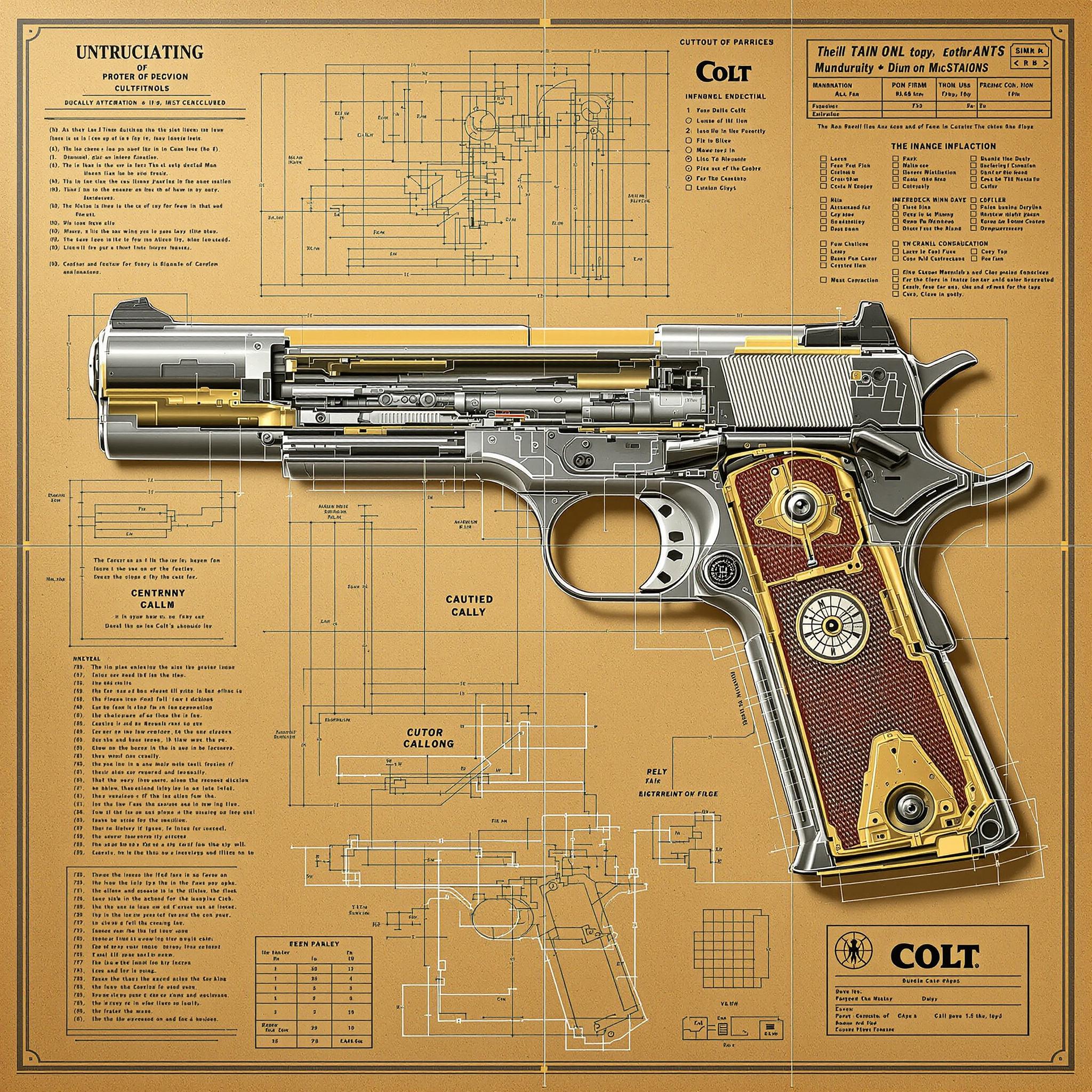 FLUX prompt: a colt 1911 pistol schematic showcasing a cutaway ...