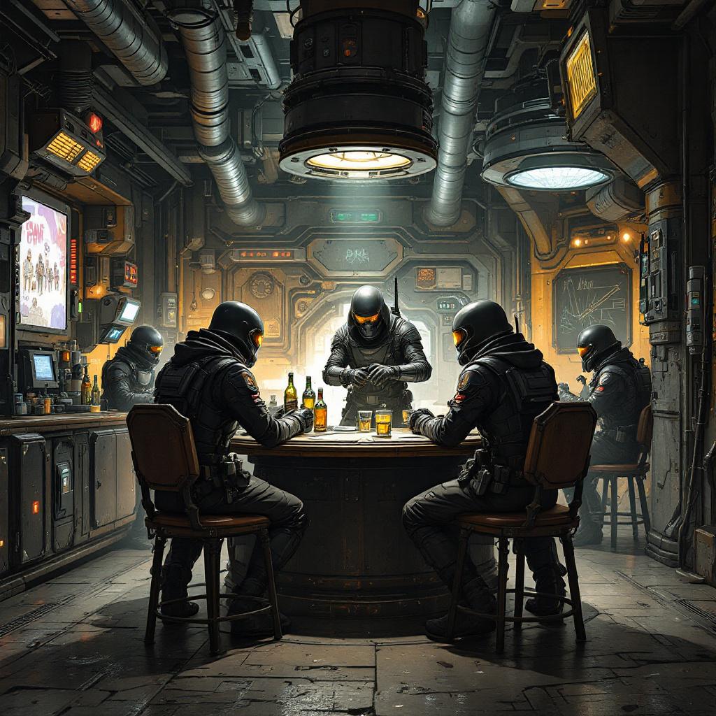 FLUX prompt: A group of intergalactic bounty hunters plan...