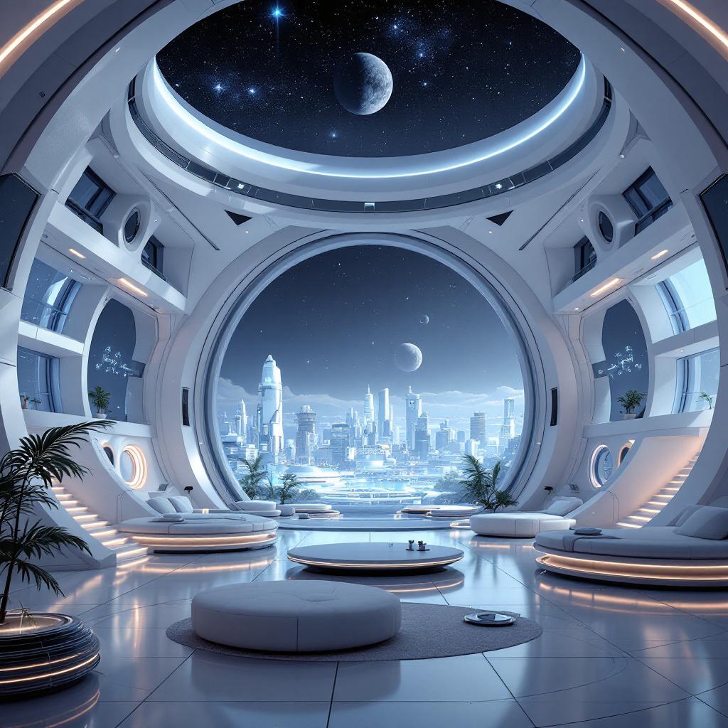 FLUX prompt: Create a grand atrium of a futuristic interi...