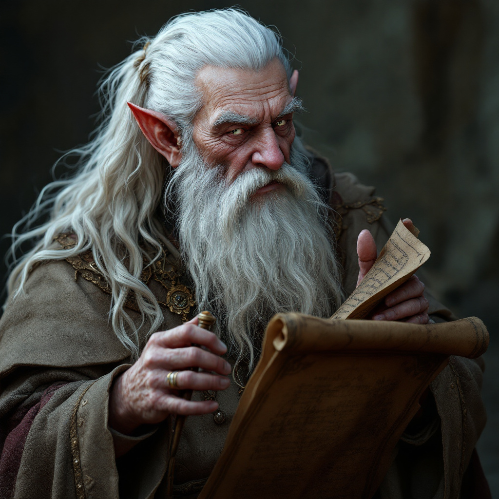 FLUX prompt: jolly musical elven bard, elderly, white hai...