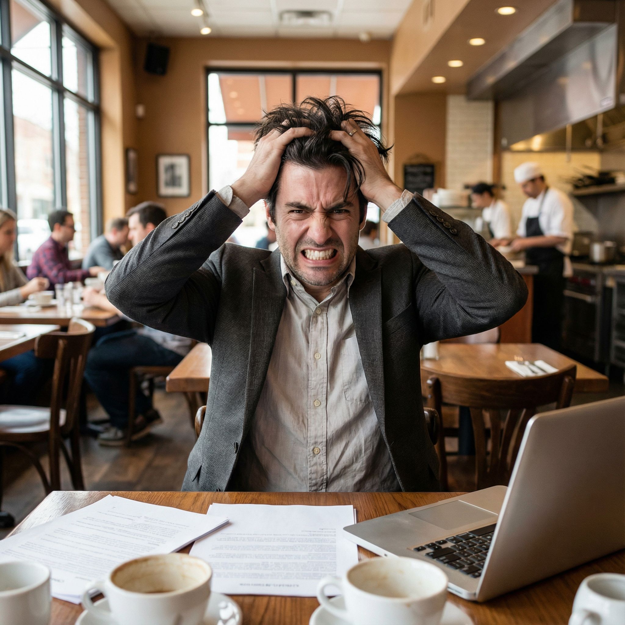 Nano Banana prompt: good looking Business owner panicking...