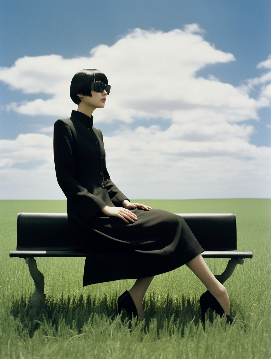 Midjourney prompt: a woman sitting on a bench , an album ...