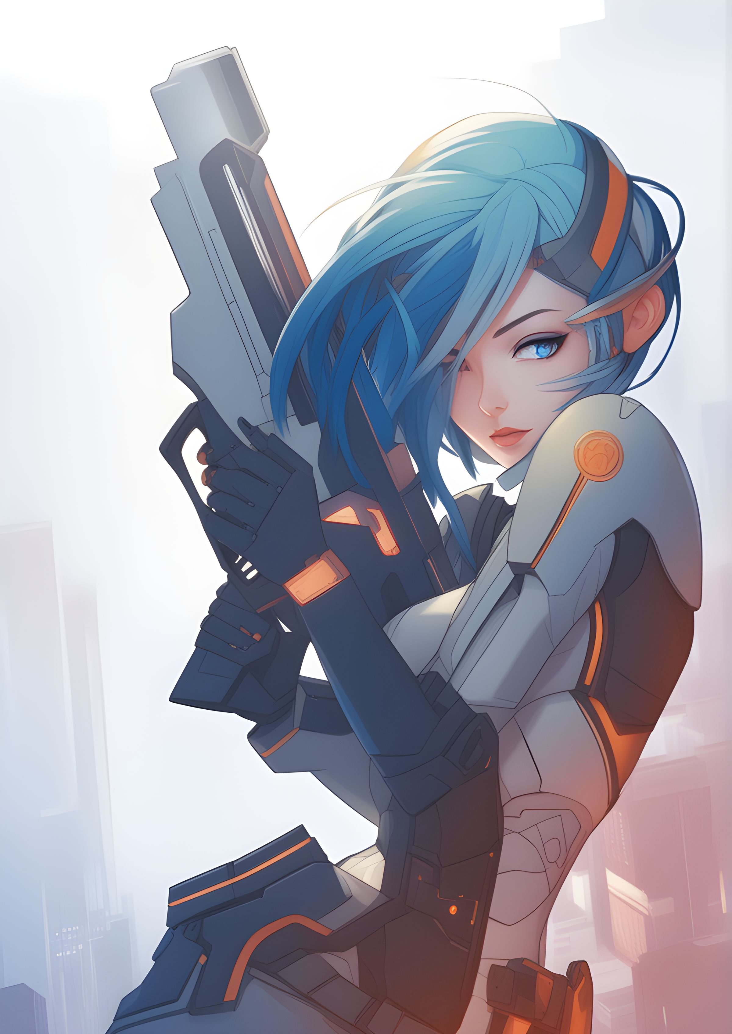 ReV Animated prompt: a woman with blue hair holding a gun...