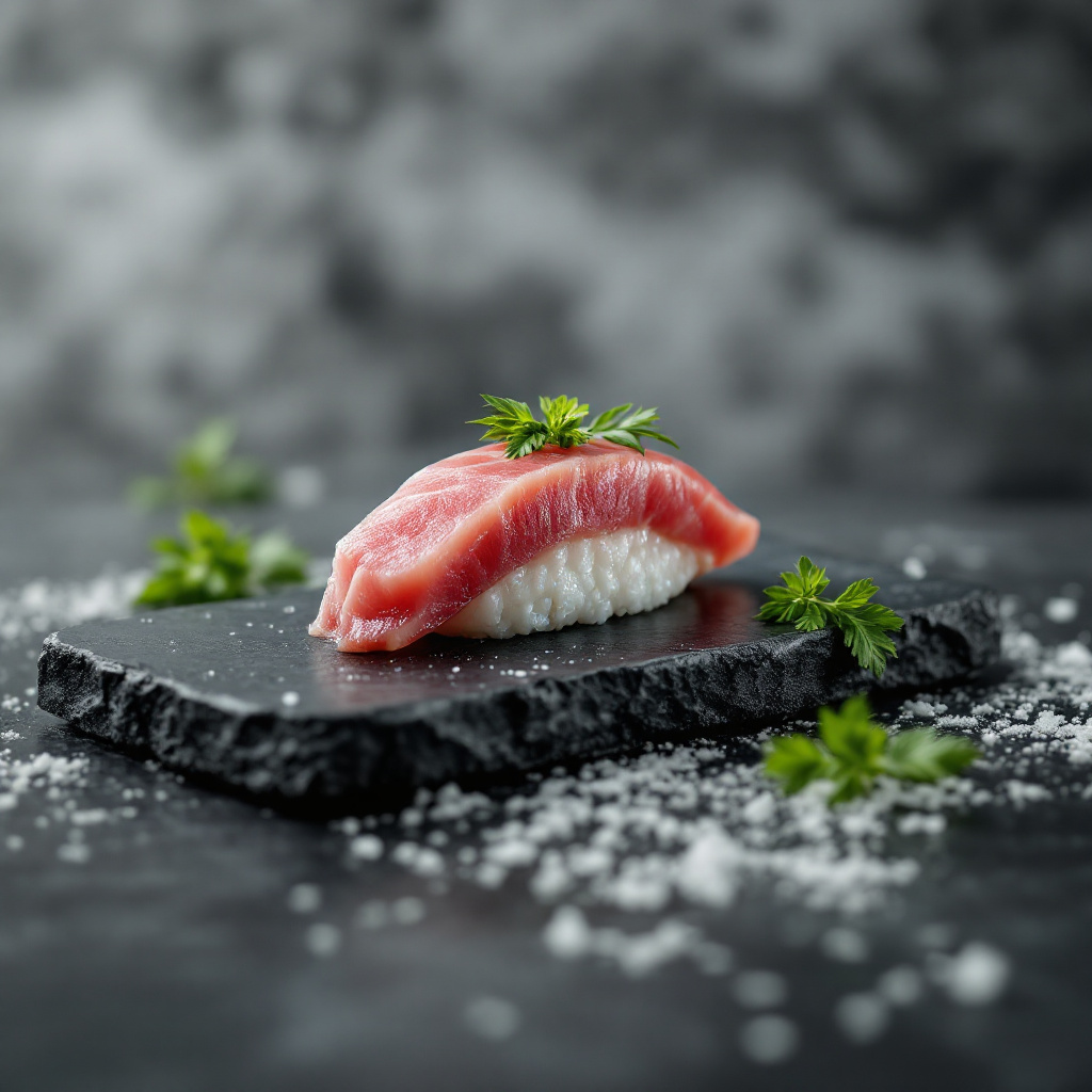 FLUX prompt: single fresh thick slice tuna sushi on the s...