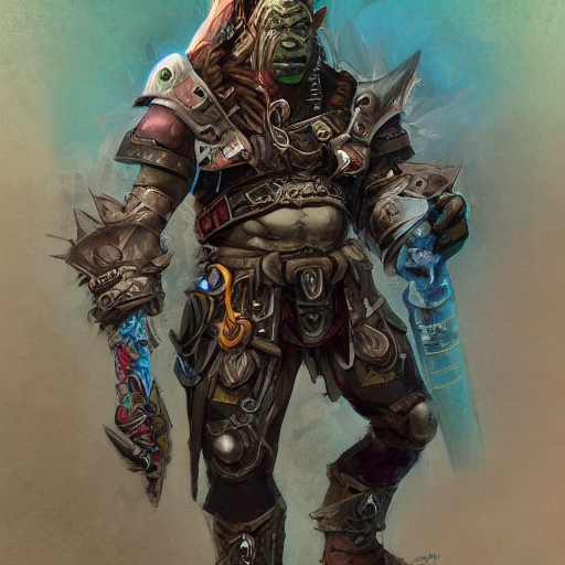 Stable Diffusion prompt: Male orc with weapons. Wide rang...