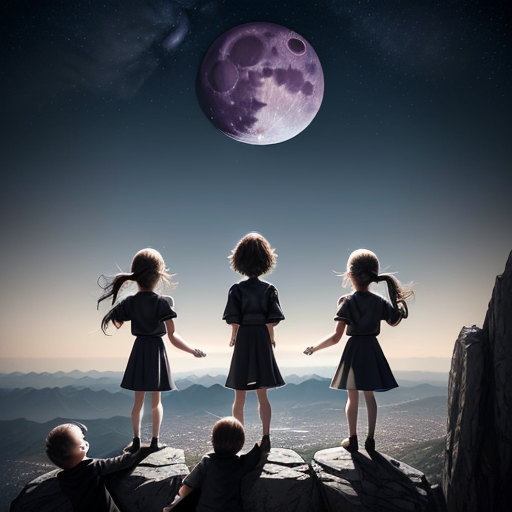 DreamShaper prompt: Photo of 4 happy children stands abov...