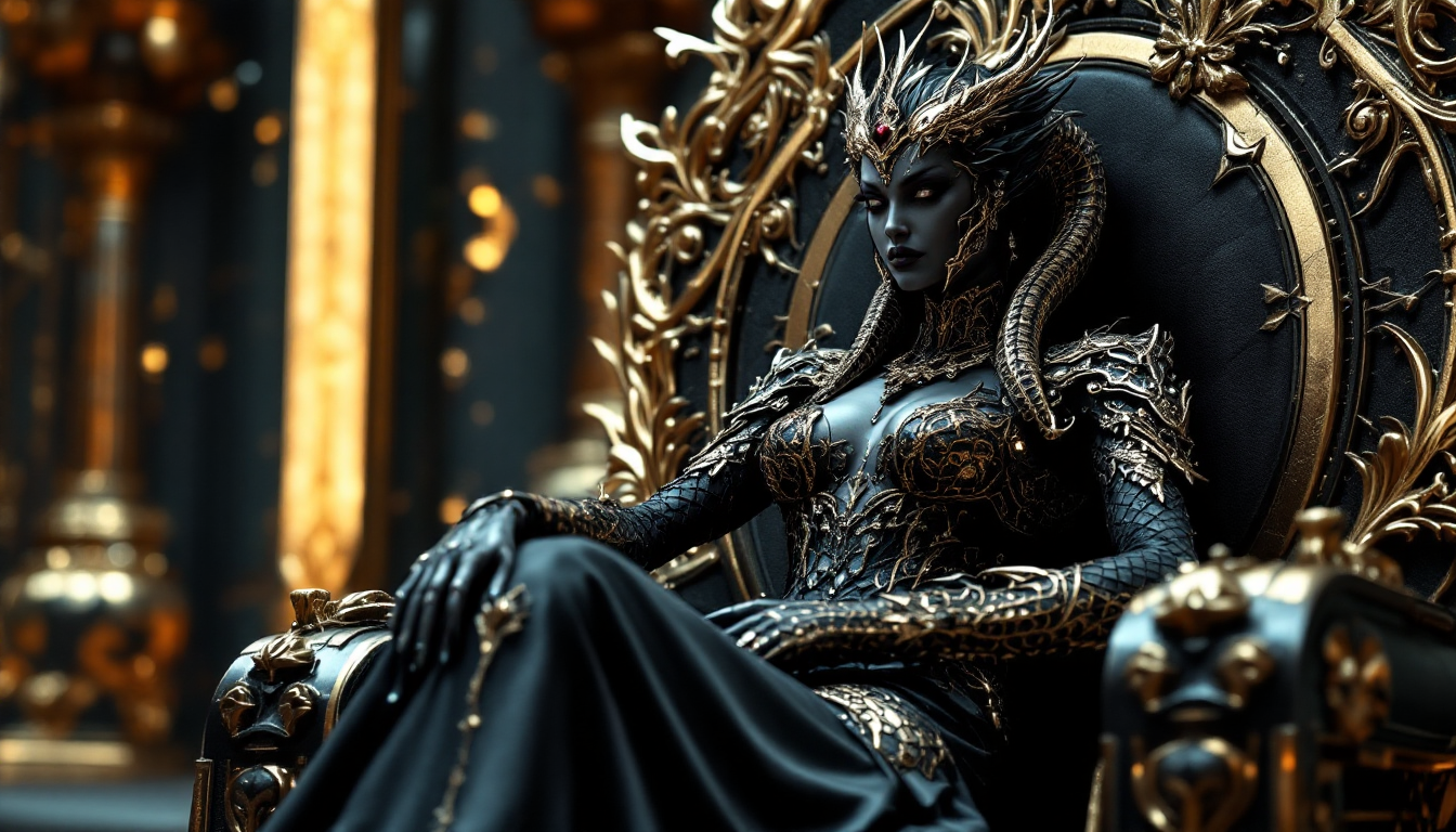 FLUX prompt: A very beautiful queen sitting on a black th...