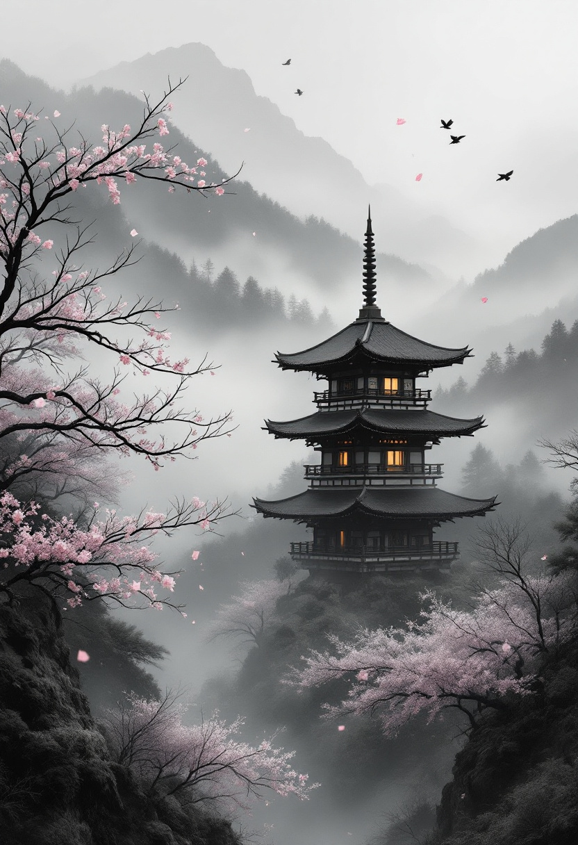 FLUX prompt: a mid-range traditional Japanese pagoda nest...