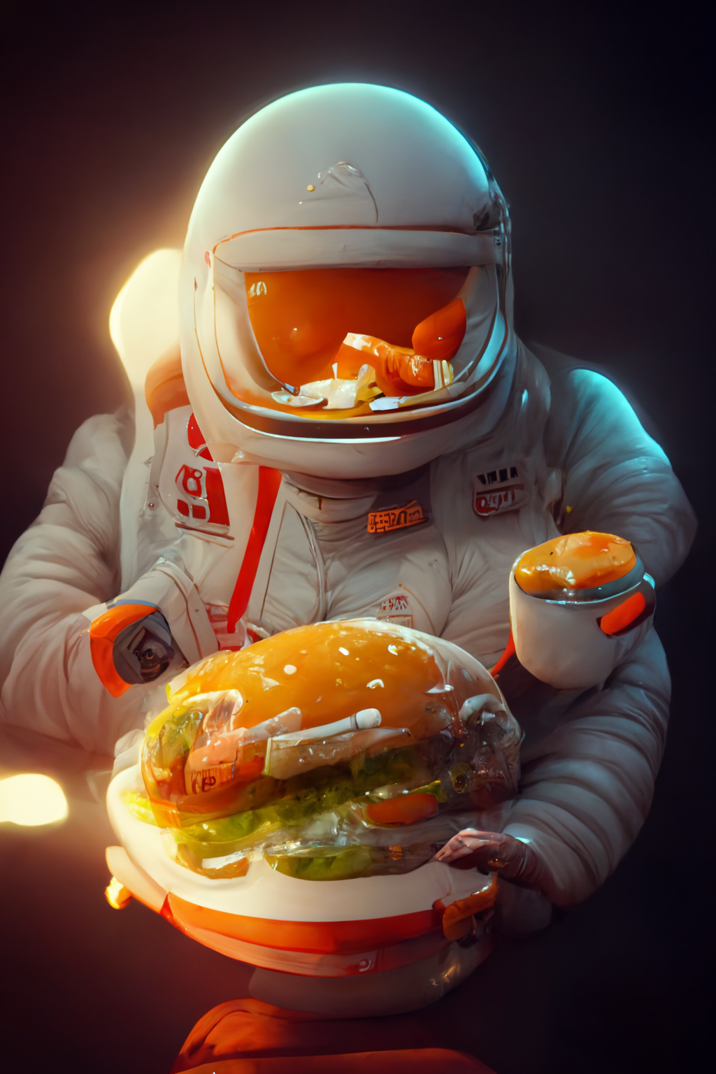 Midjourney prompt: fat astronaut eating burger in space::...