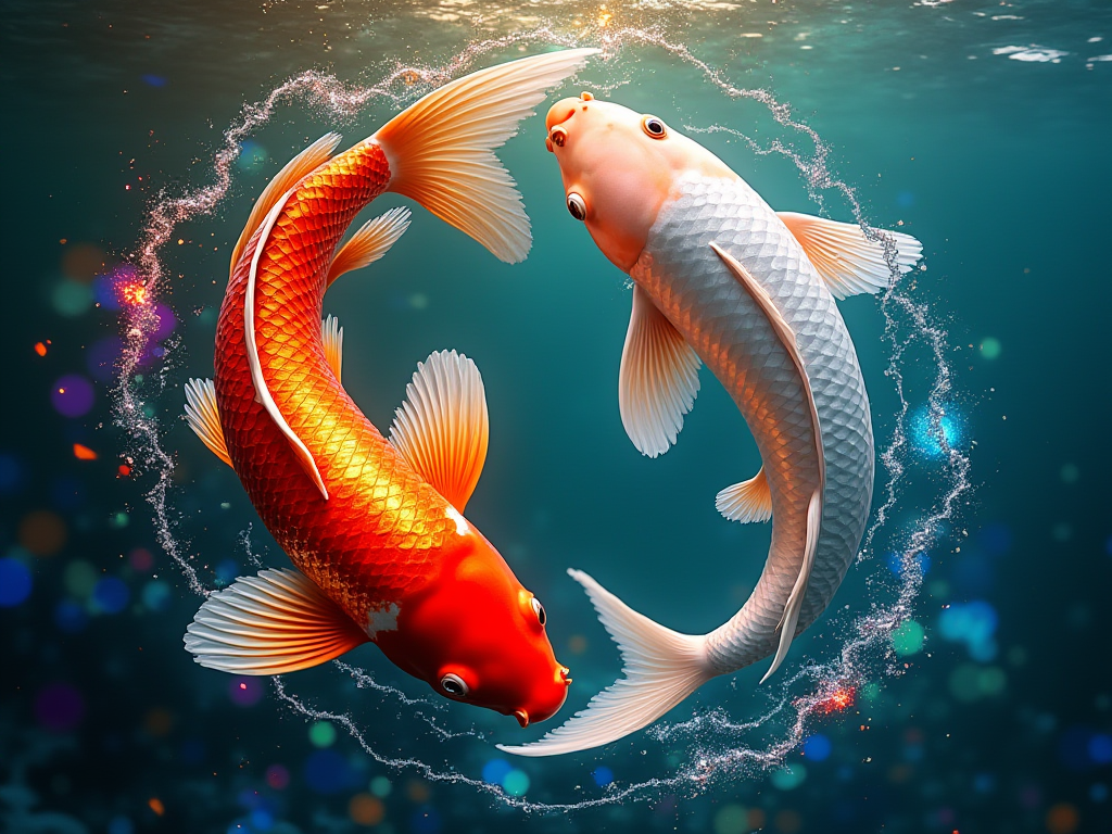 FLUX prompt: Two vibrant koi fish swirling dynamically in...