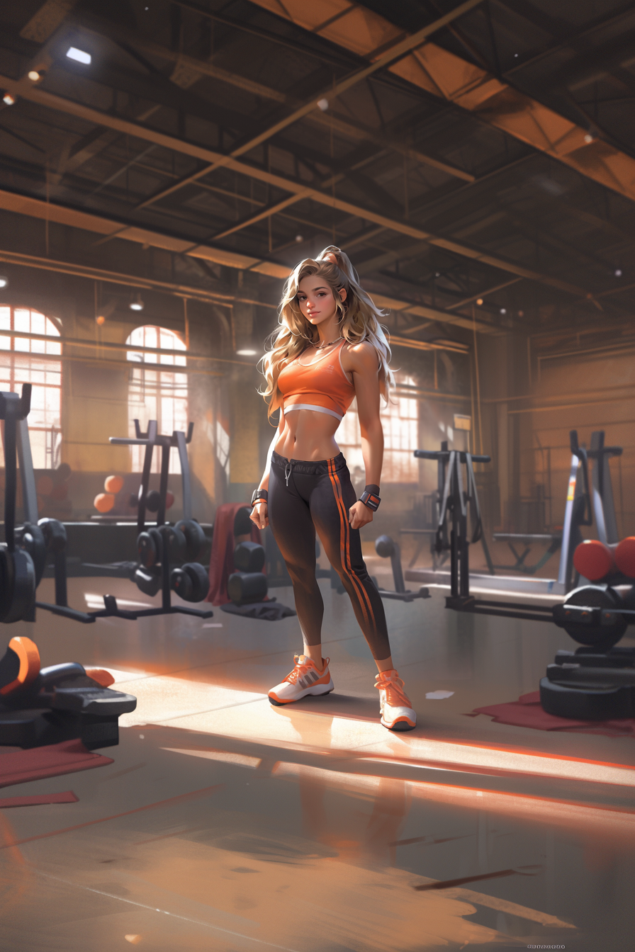 Midjourney prompt: Beautiful girl fitness trainer, stands...