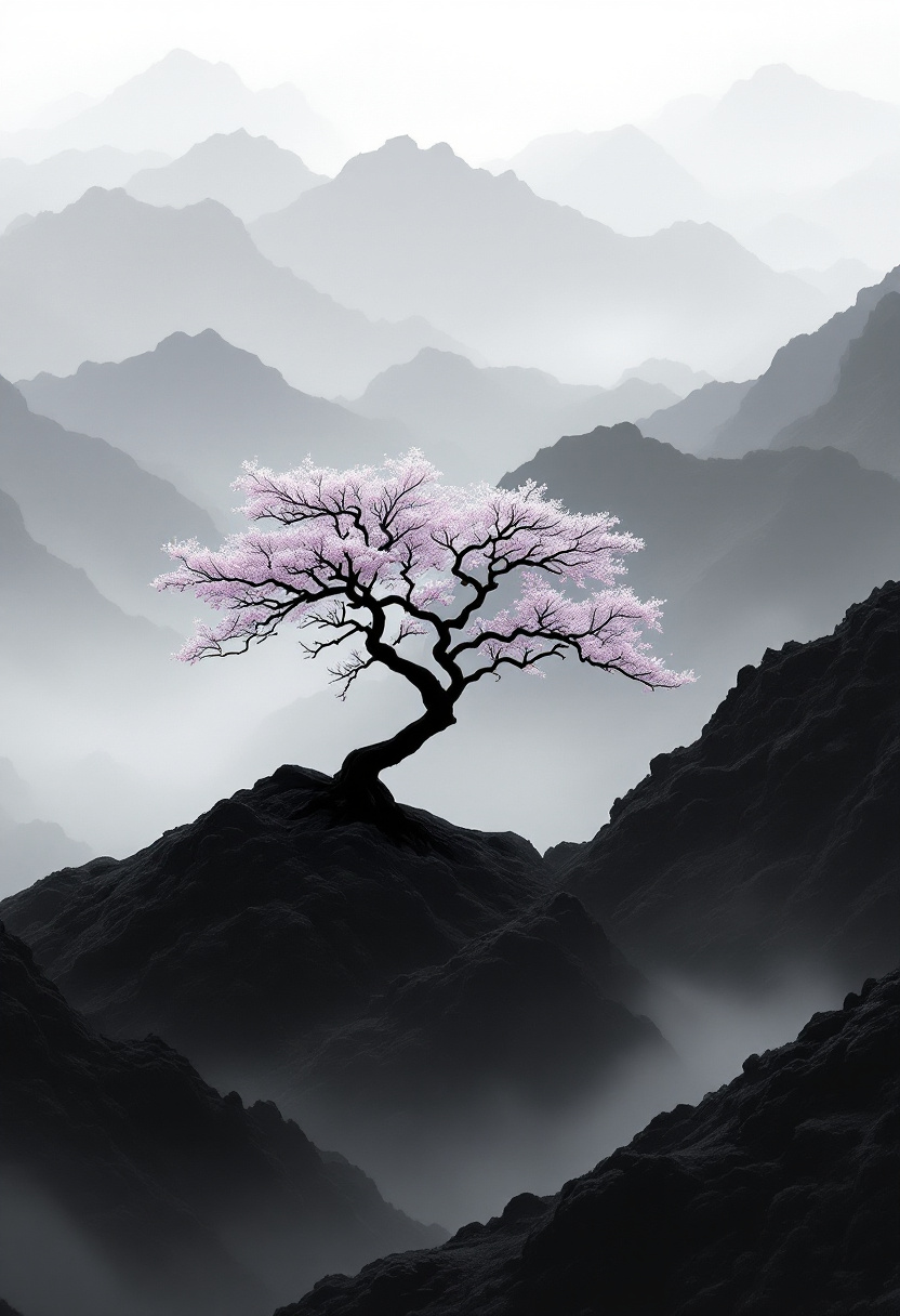 FLUX prompt: Lone cherry blossom tree rooted in dark, lev...