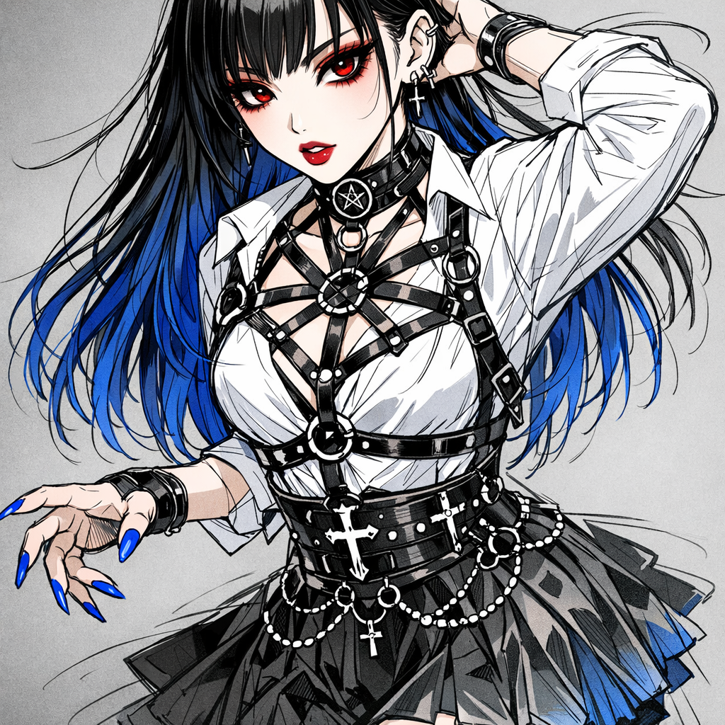 ChatGPT Image prompt: girl, solo, black to blue hair, str...
