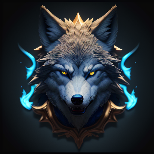 DreamShaper prompt: angry wolf head eyes blue flame moon...