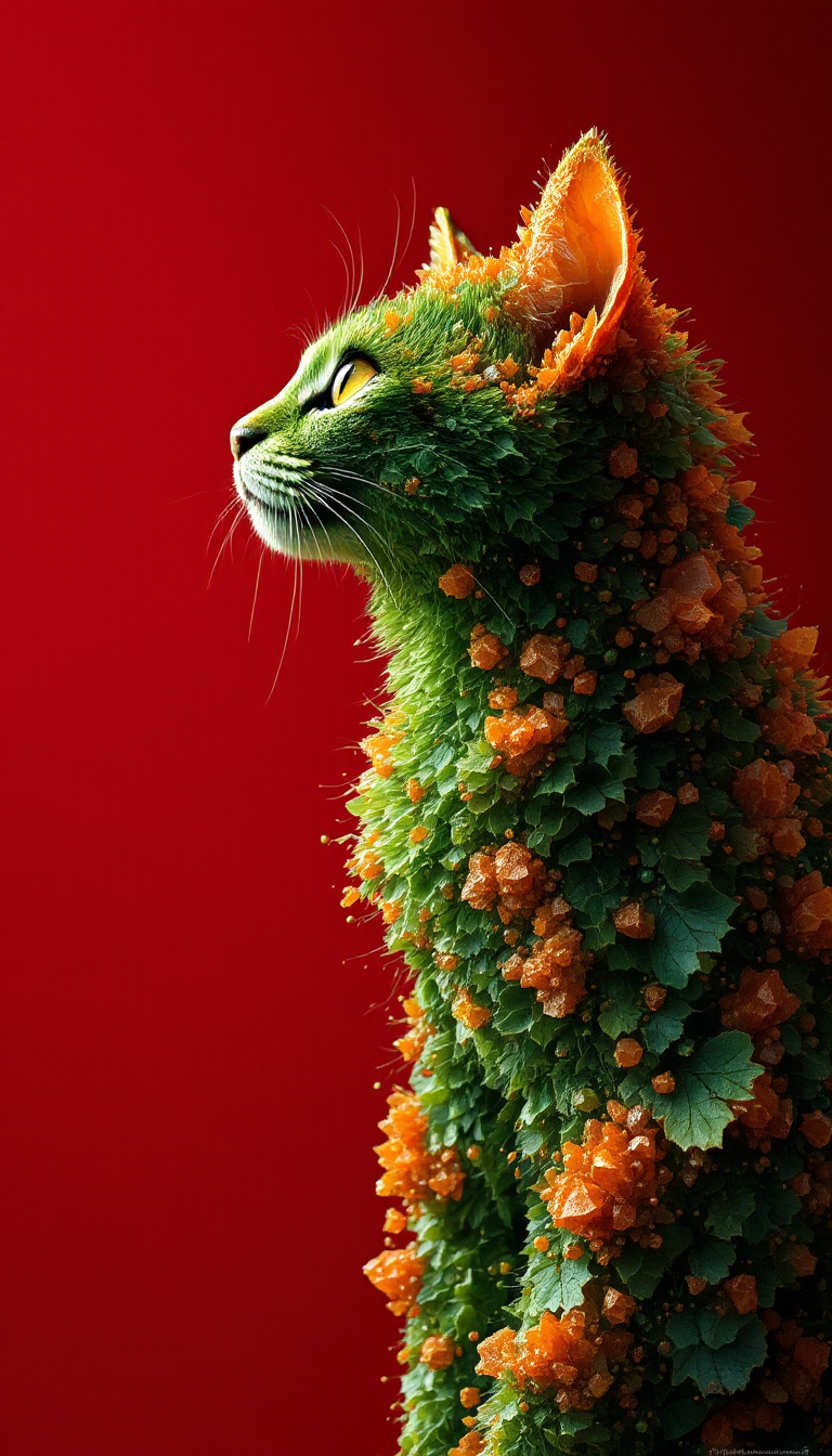 FLUX prompt: A green tabby made from rough orange crystal...