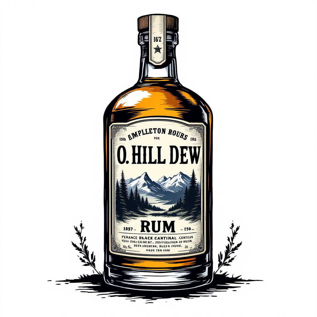 FLUX prompt: Create a label for "O. Hill Dew" Rum. Wester...