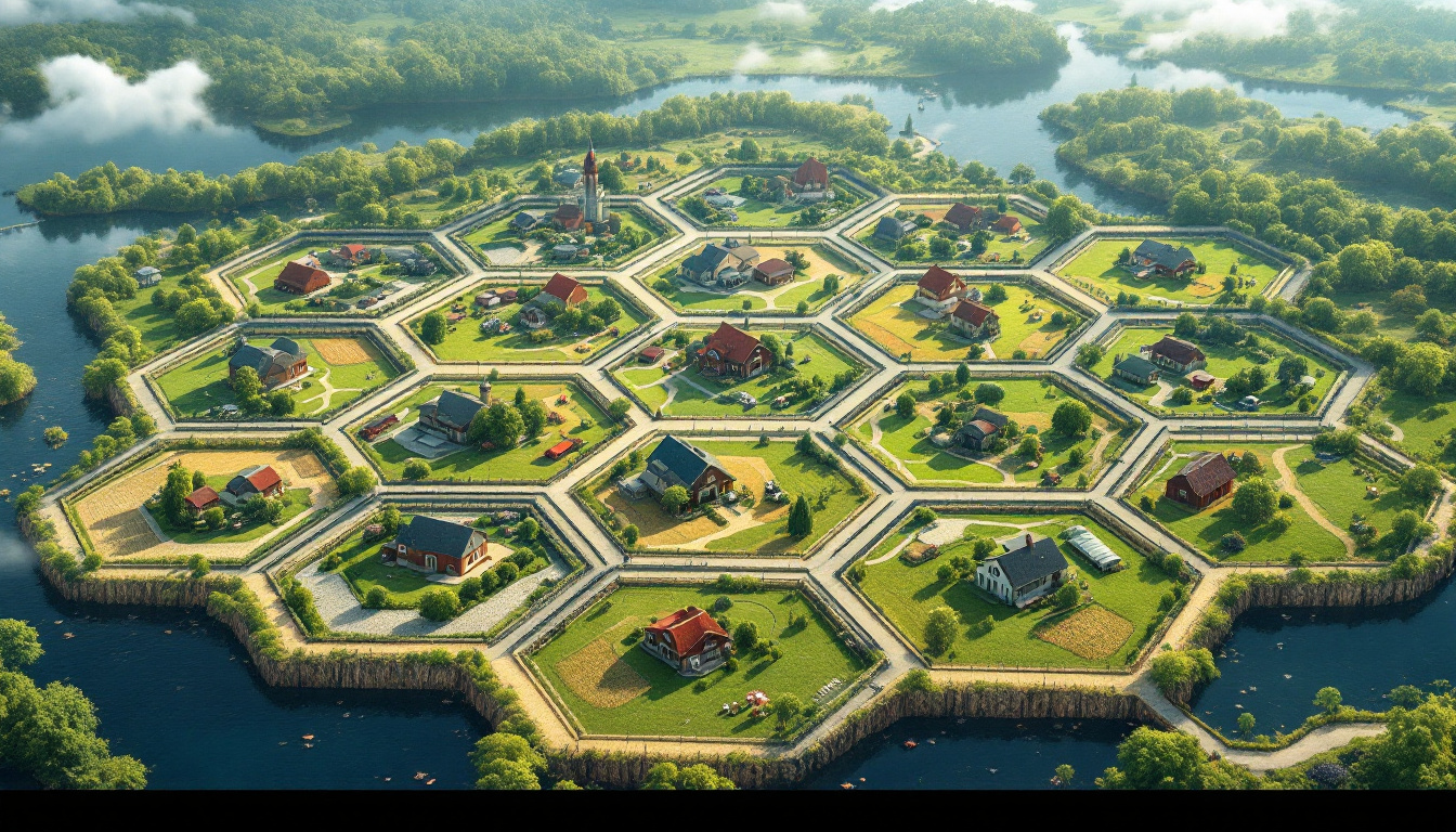 FLUX prompt: hexagon1 water way, encasing several farms,