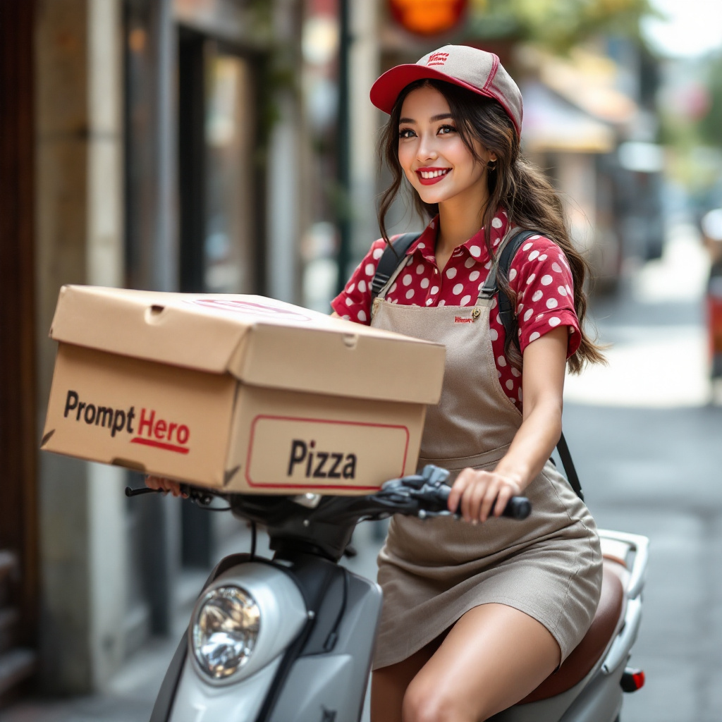 FLUX prompt: a pertty female, pizza shop uniform,mini ski...