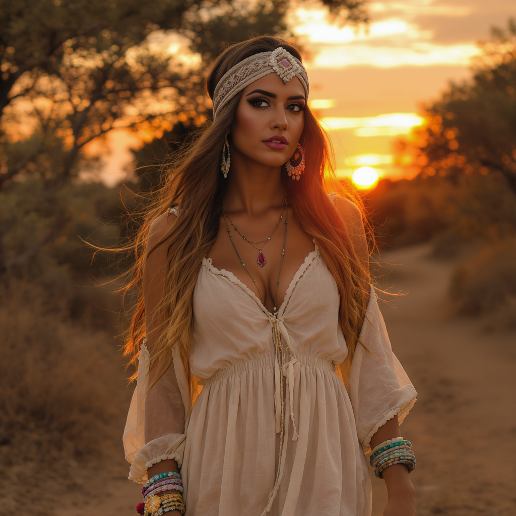 FLUX prompt: a fashionable bohemian woman, long brown ha...