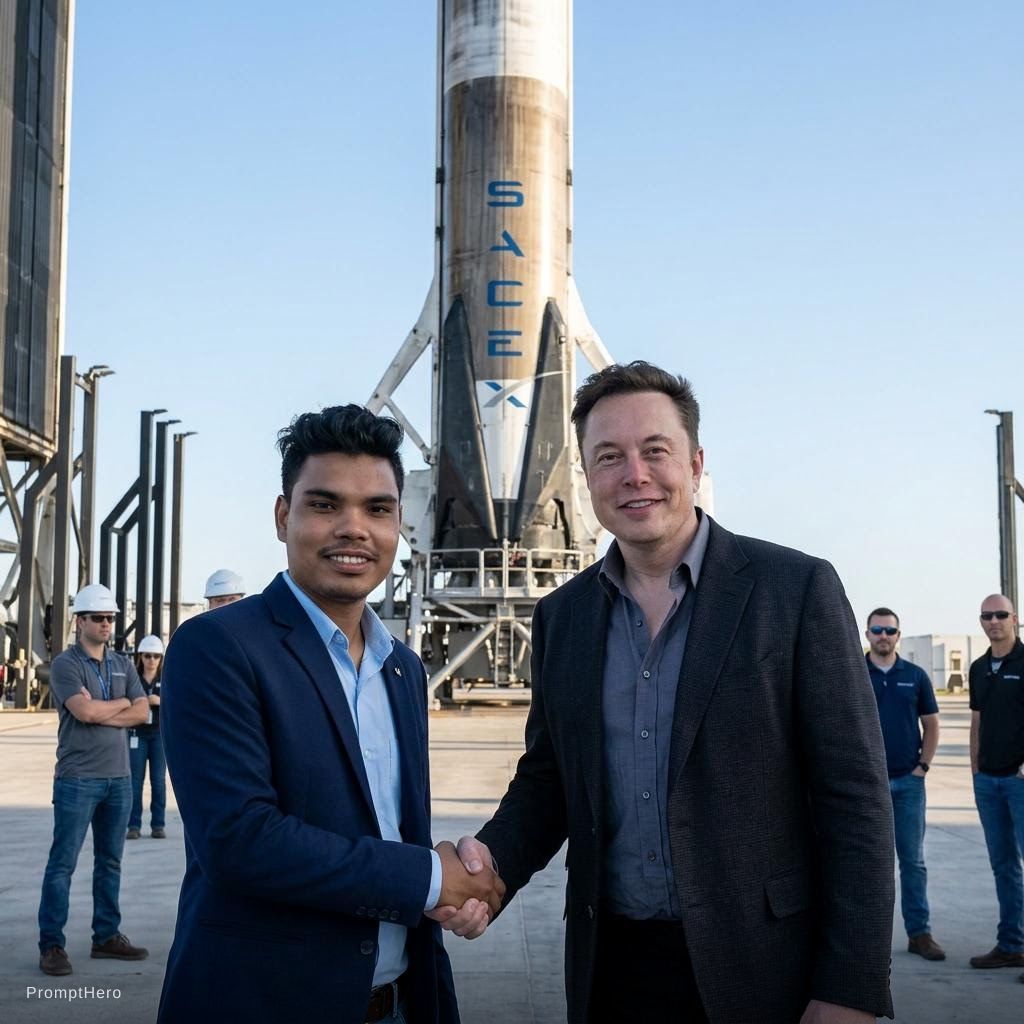 Nano Banana prompt: with Elon Musk in front of a SpaceX r...