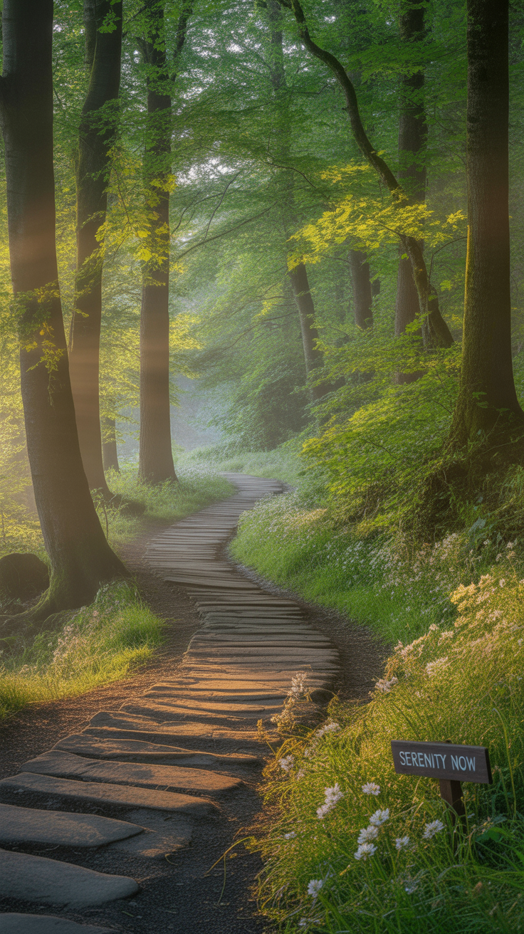 Ideogram prompt: A peaceful forest path cinematic x anime...