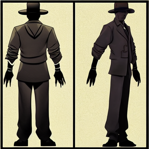 Stable Diffusion prompt: Nior detective, front side/back/...