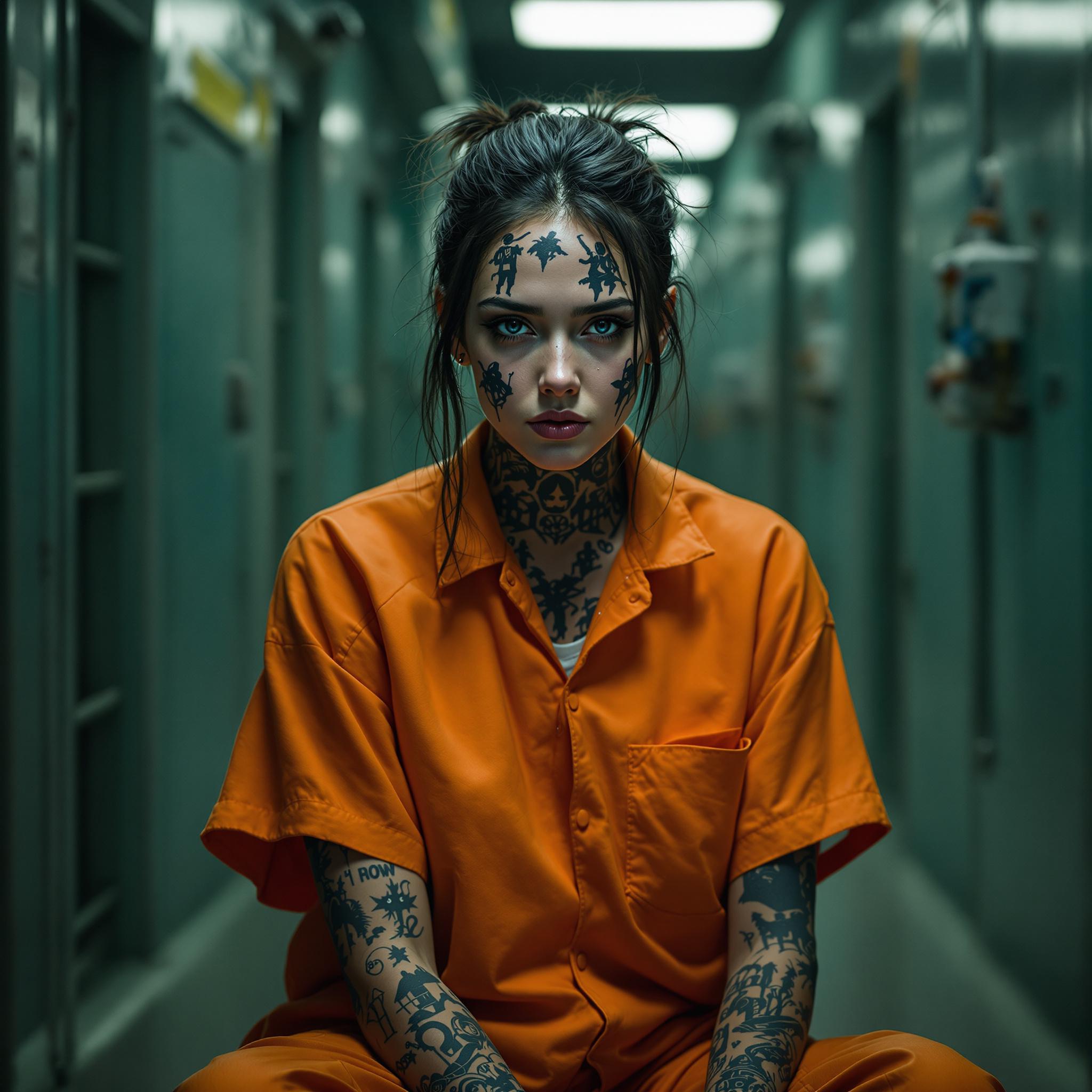 FLUX prompt: female prisoner, prison, orange suit, cell,