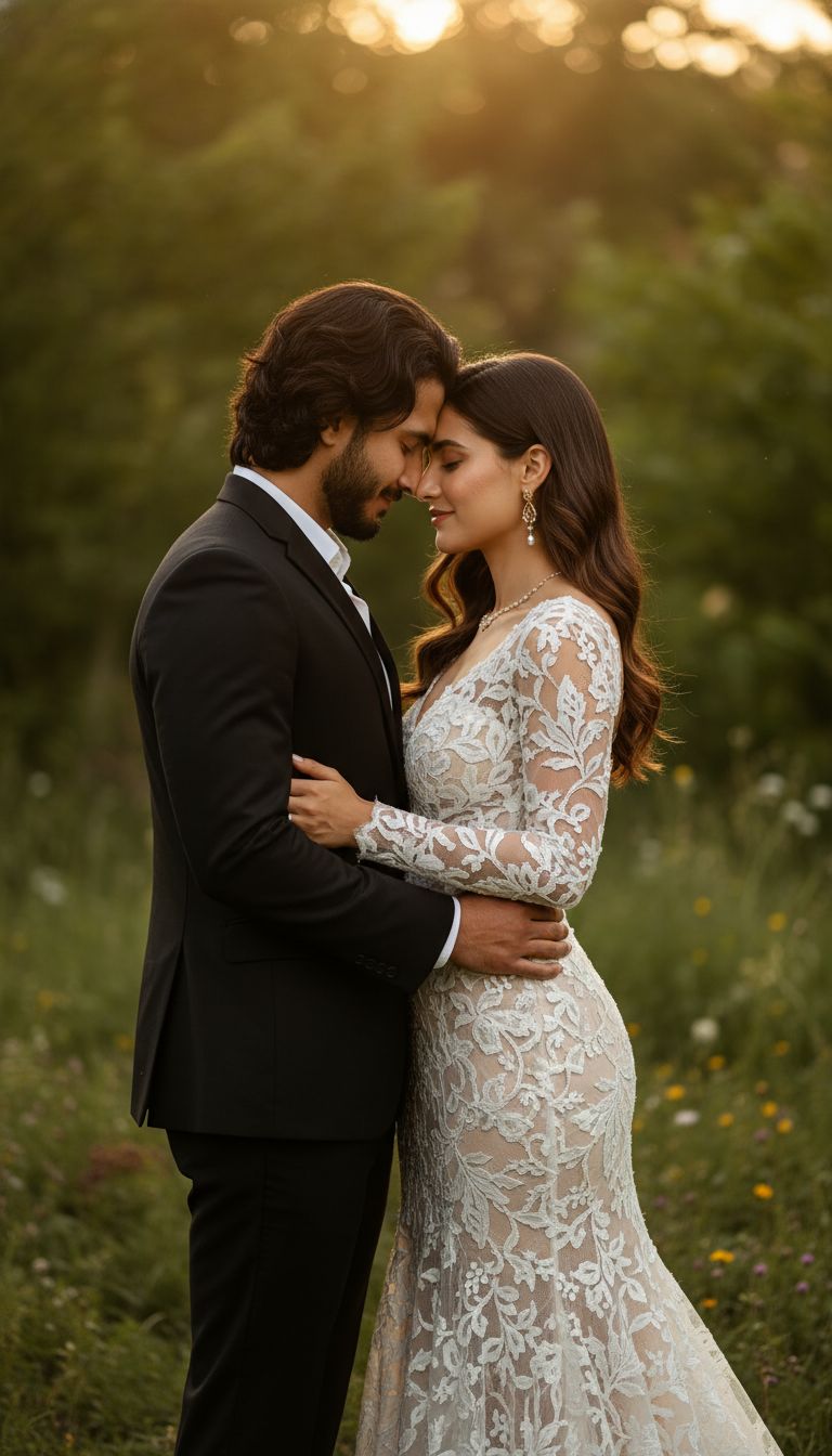 Nano Banana prompt: A couple stands closely together in a...