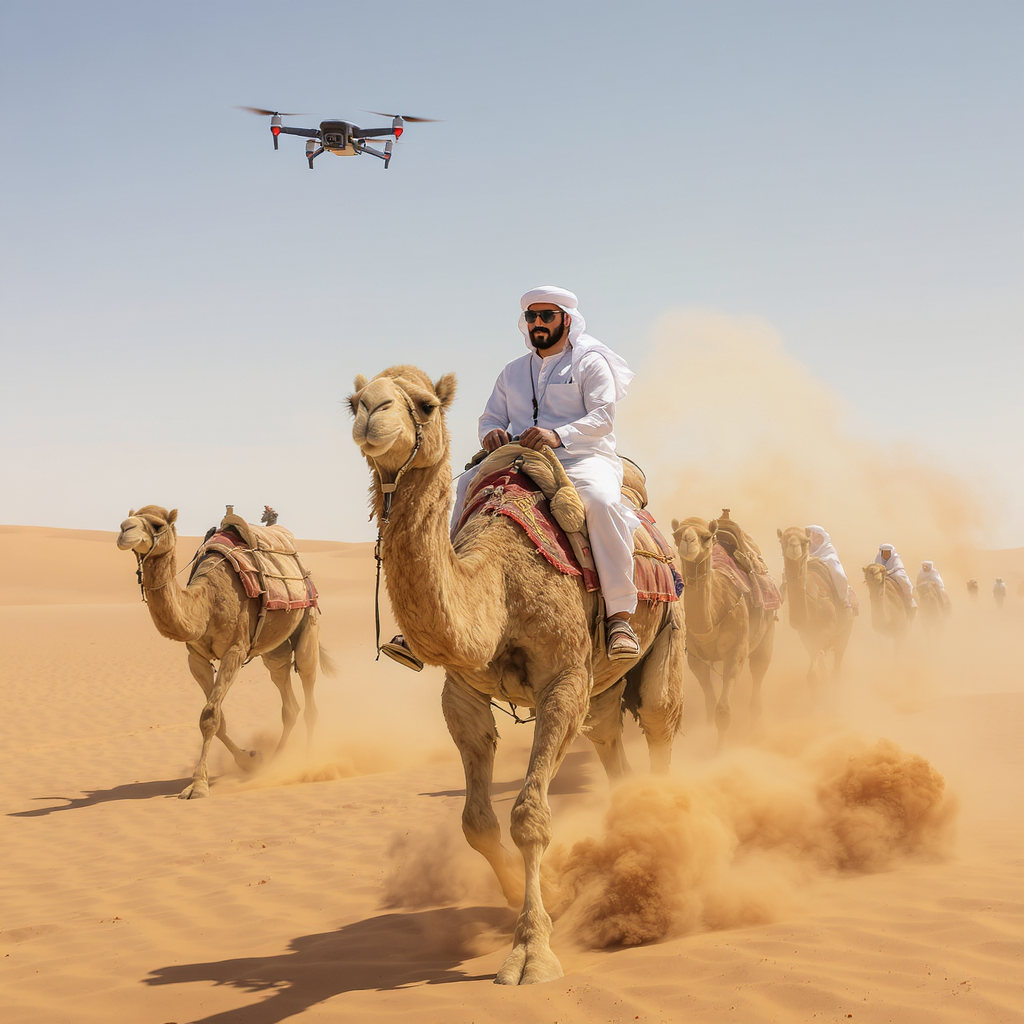 FLUX prompt: A man in traditional white desert attire rid...