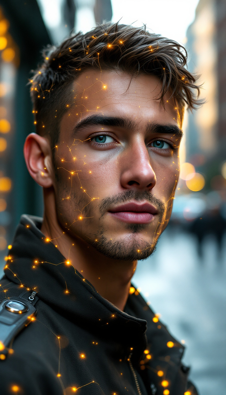 FLUX prompt: We see a clean-shaven man's face and should...