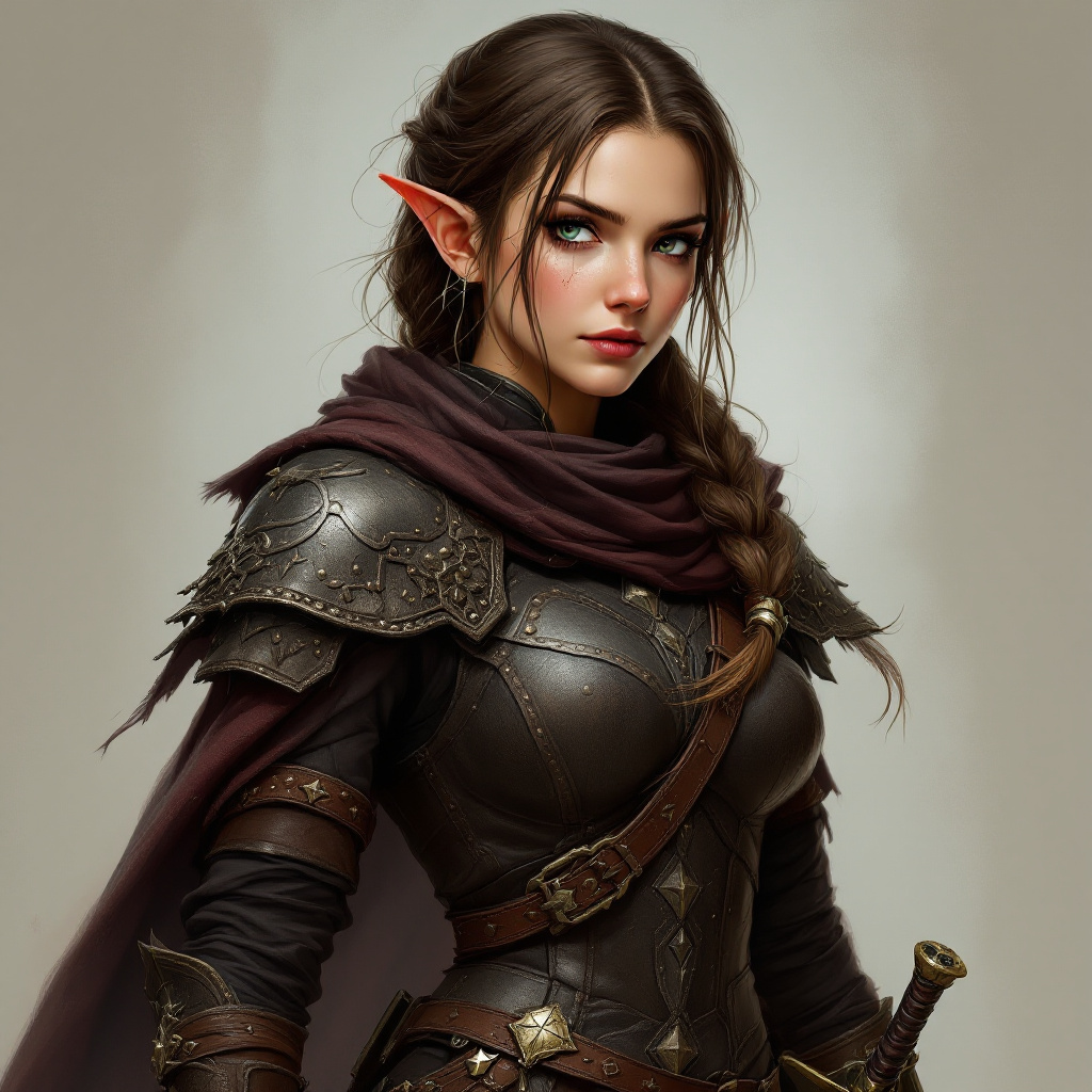 FLUX prompt: female elf rogue with soft features. Brown h...